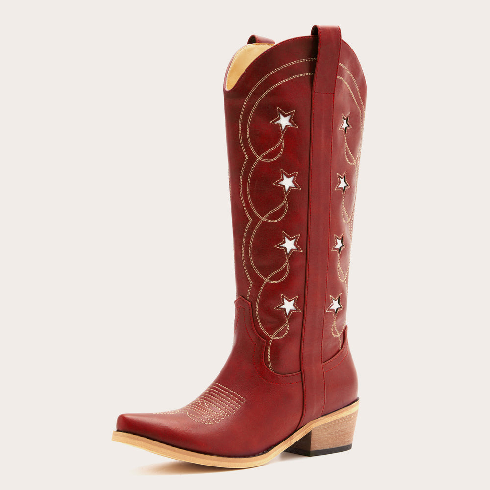 REDTOP Red Starry Embroidered Cowgirl Boots with Bold Detailing - The ...